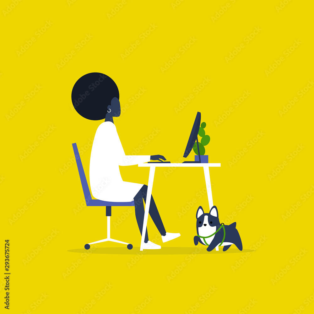 Animal friendly modern office. Pet at a workplace. Young black female ...