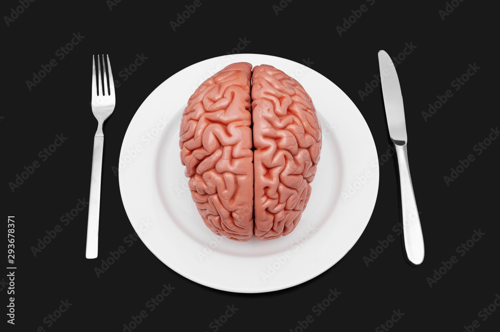 human zombie brain on plate halloween horror background texture ...