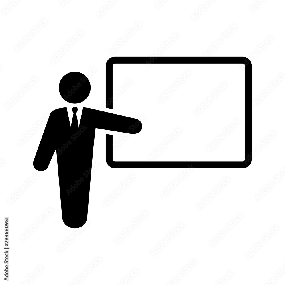 Símbolo conferencia. Icono plano hombre con pizarron en color negro ...