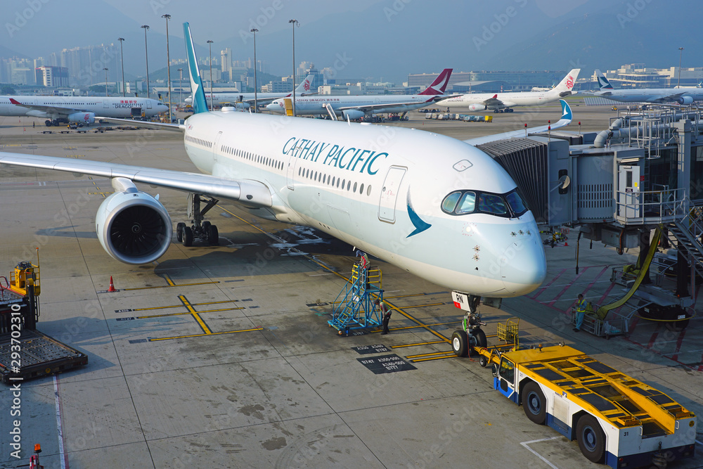 HONG KONG -18 JUL 2019- View of an Airbus A350 airplane from Cathay ...