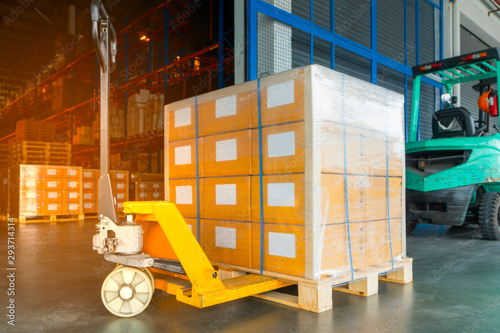 Hand pallet truck with cargo pallet shipment at warehouse, warehouse ...