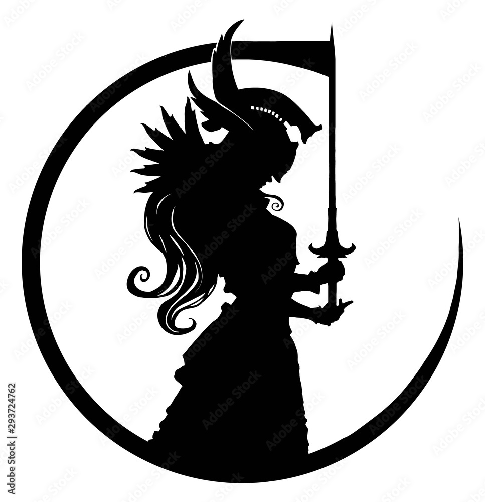 A silhouette of a praying Valkyrie with a sword in her hands. 2D ...