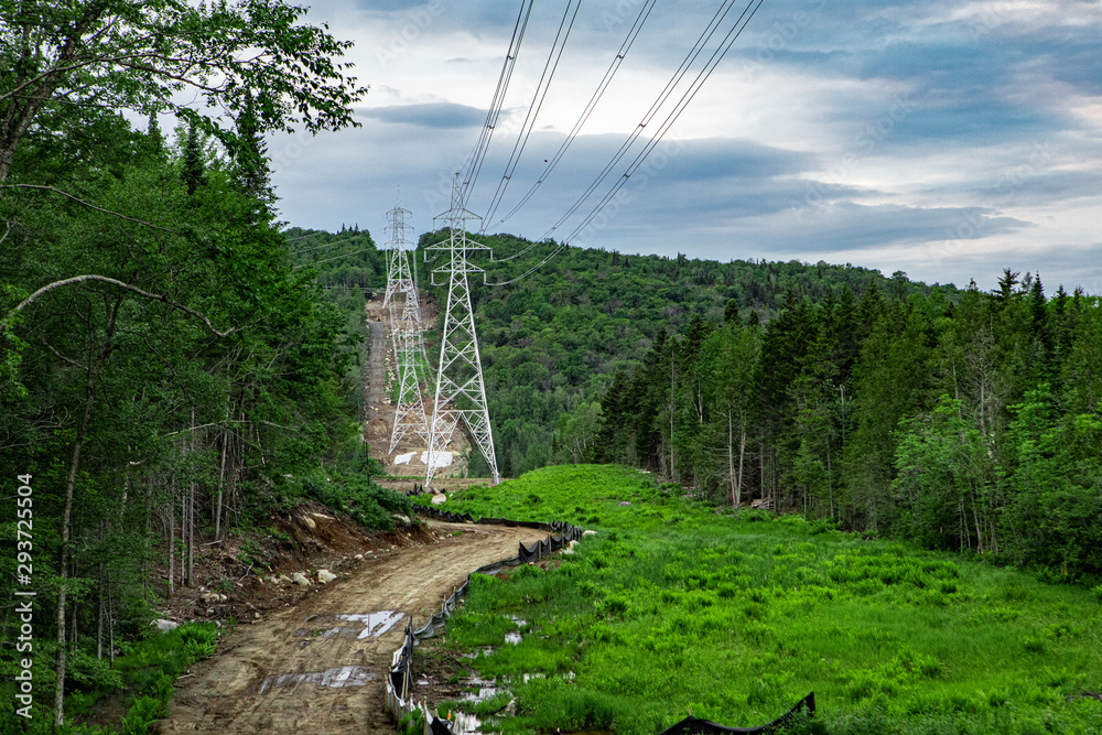Electricity pylons in natural landscape. Overhead electricity lines are ...