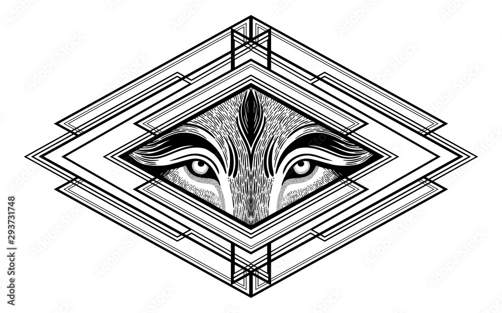 Wolf eyes in geometric setting.Dreamy magic art. Night, nature, wicca ...
