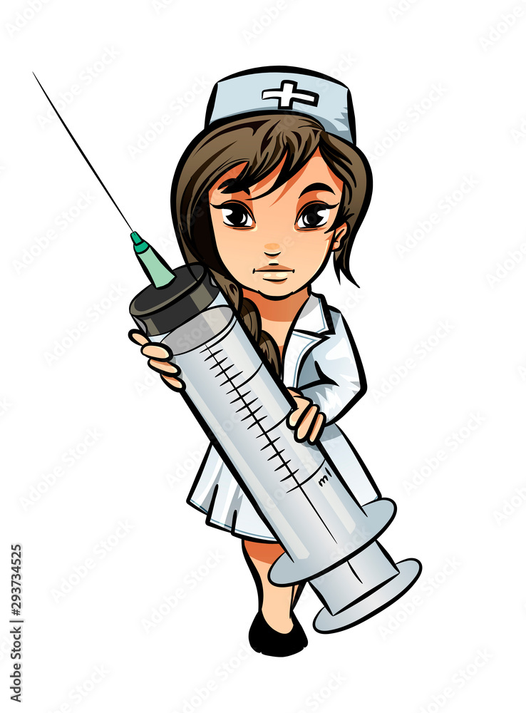 Cartoon doctor in uniform hold medical syringe in hand. Nurse injection ...