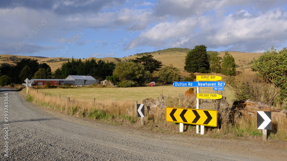 New Zealand road signs at Surat Bay, Southland, New Zealand Stock Photo ...