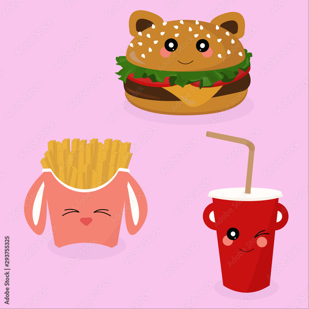Illustrations of food.Hamburger, French fries, drink with ears. fast ...