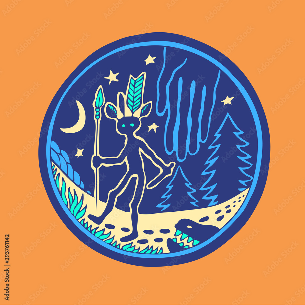 Decorative round symbol with an ancient hunter. Ethnic ornamental hand ...
