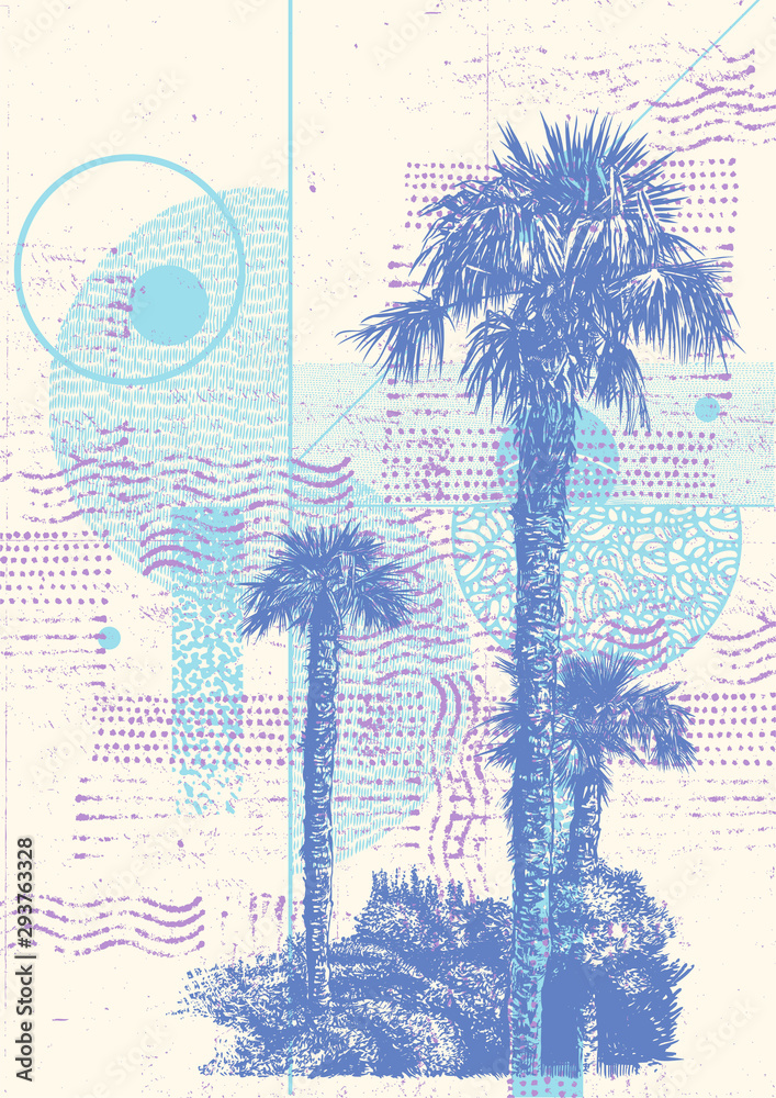Hand Drawn Abstract Background with With Palm Trees, vector ...