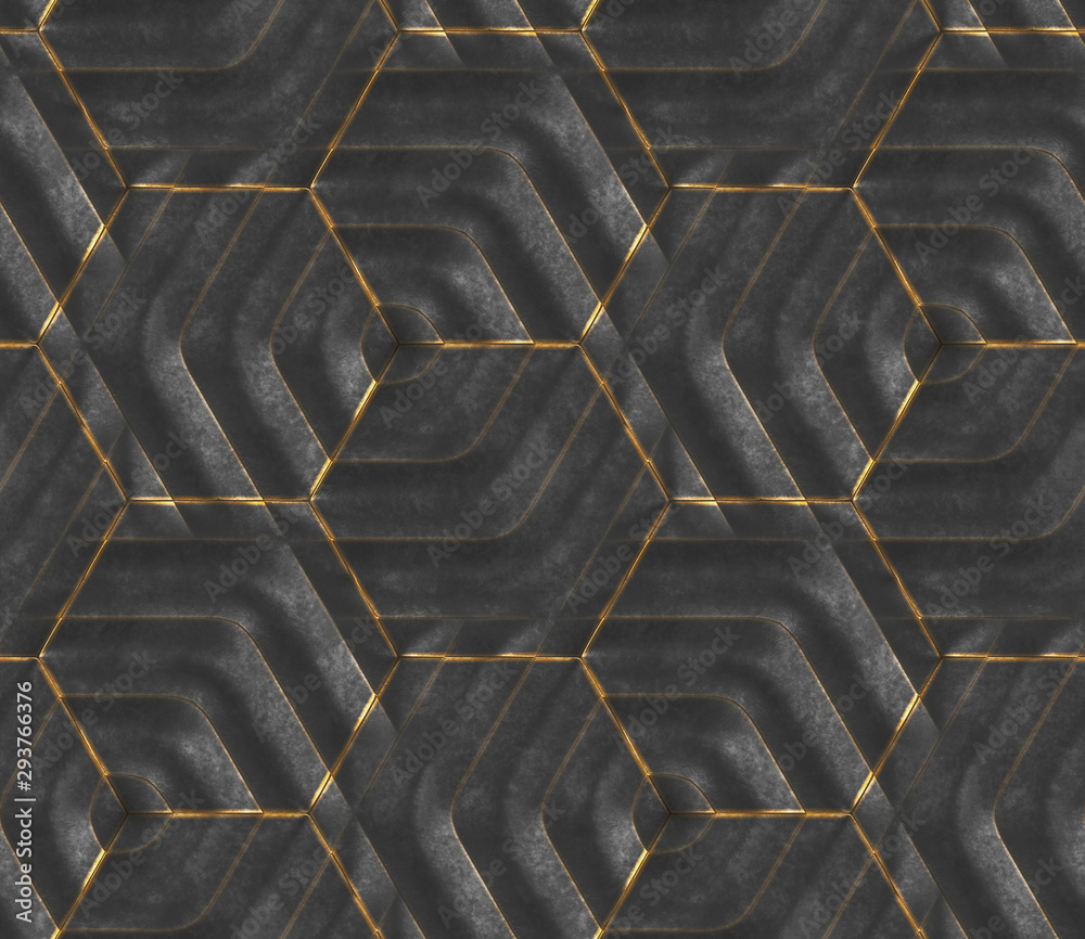 3D Wallpaper of black corrugated futuristic hexagon panels with gold frayed edges. High quality ...