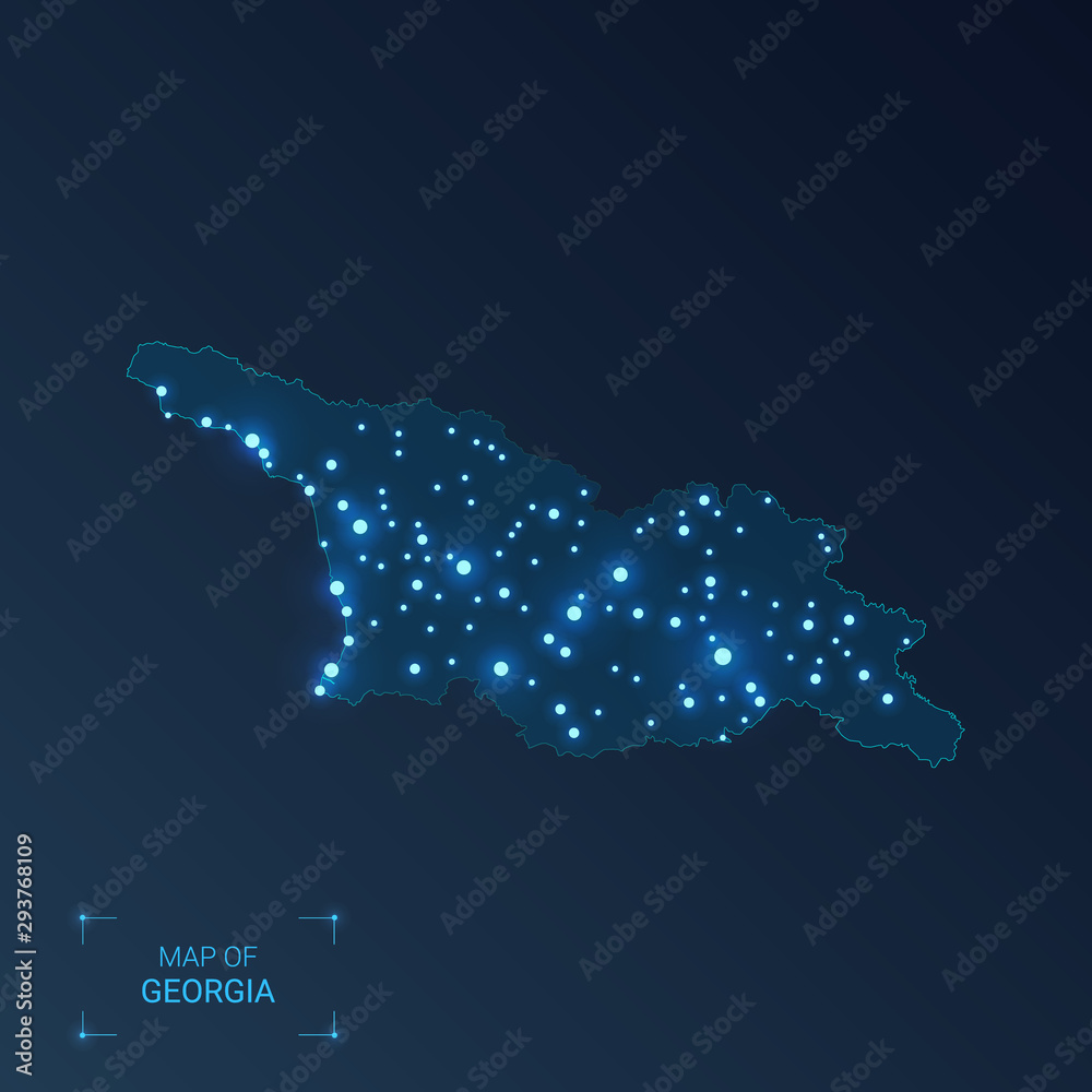 Georgia map with cities. Luminous dots - neon lights on dark background ...
