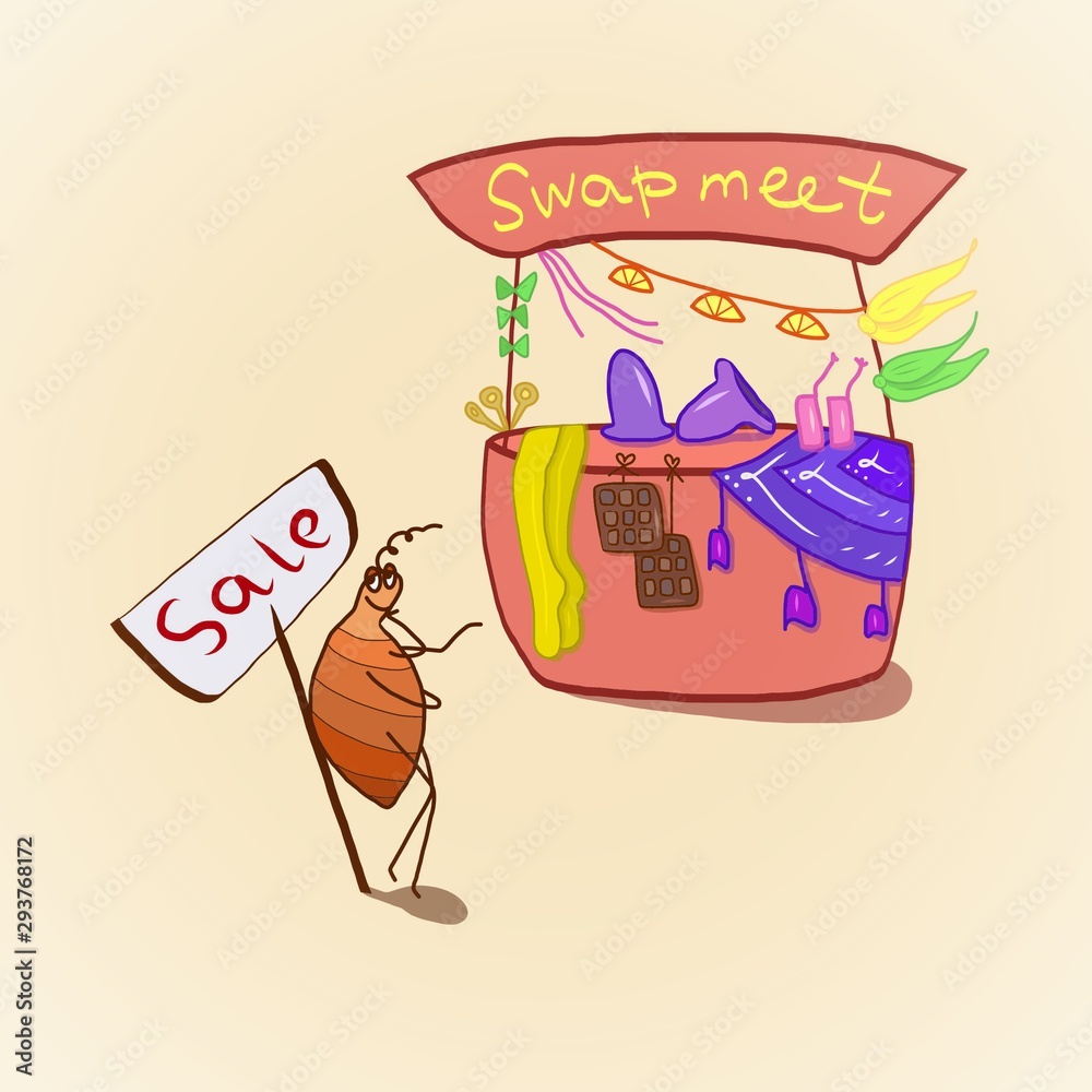 A digital illustration shows a cartoon flea market. A flea near the ...
