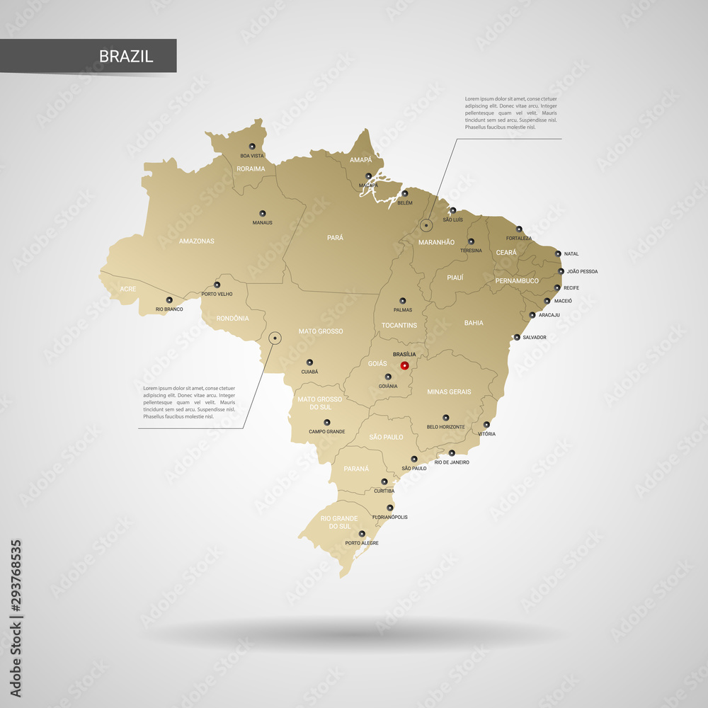 Stylized vector Brazil map. Infographic 3d gold map illustration with ...