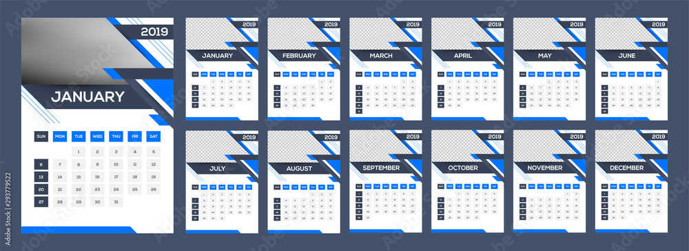 Collection of 12 months completed, yearly calendar design for 2019 with ...