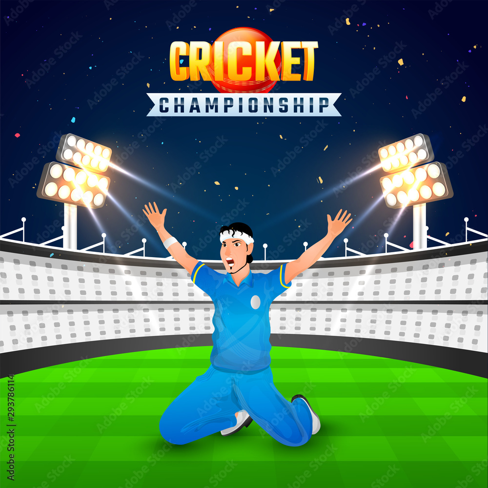 Vector illustration of cricket player in winning pose on night view ...