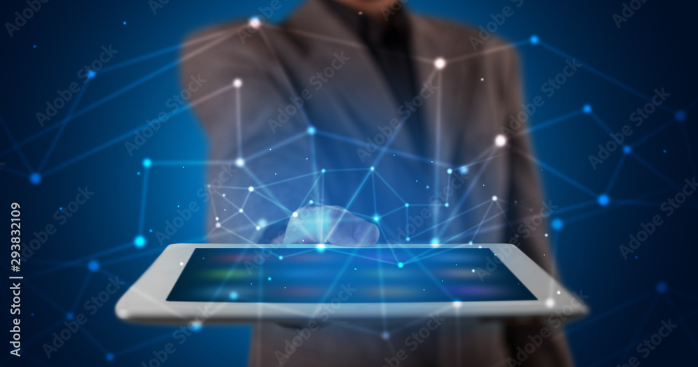 Formal hand in a dark space with virtual connection network concept ...