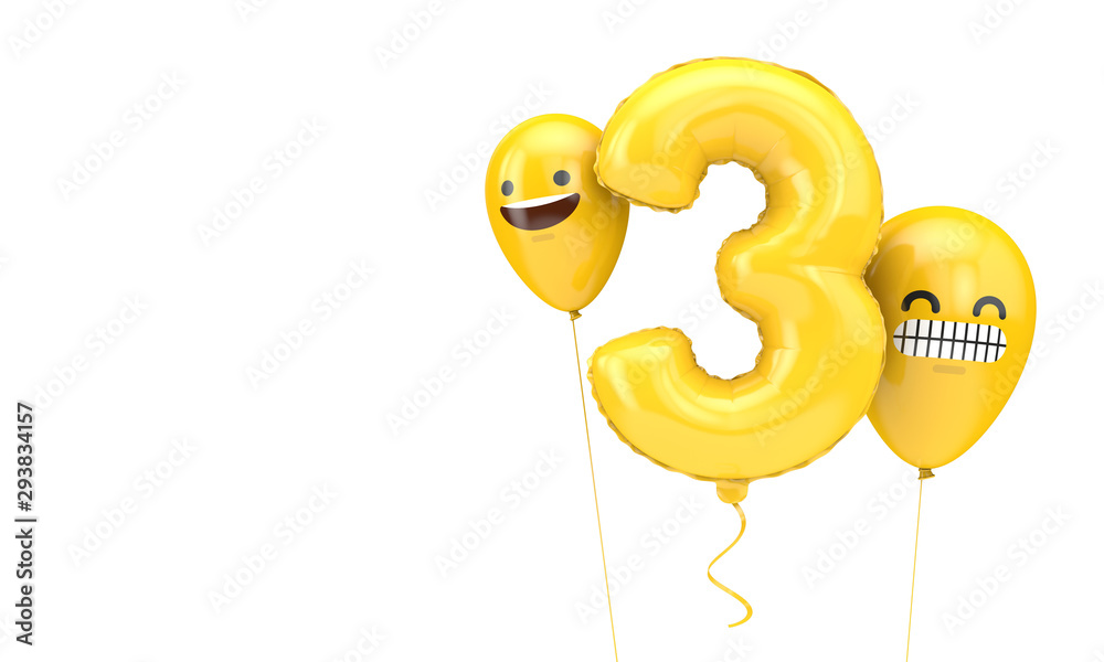 Number 3 birthday ballloon with emoji faces balloons. 3D Render Stock ...