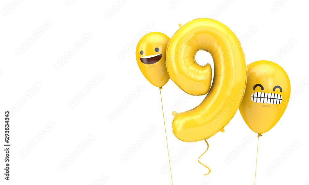 Number 9 birthday ballloon with emoji faces balloons. 3D Render Stock ...