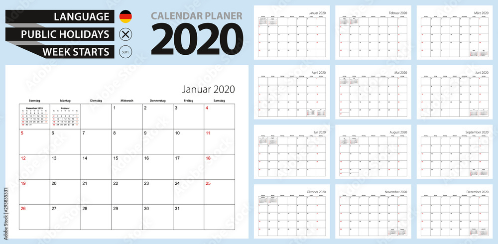 German calendar planner for 2020. German language, week starts from ...