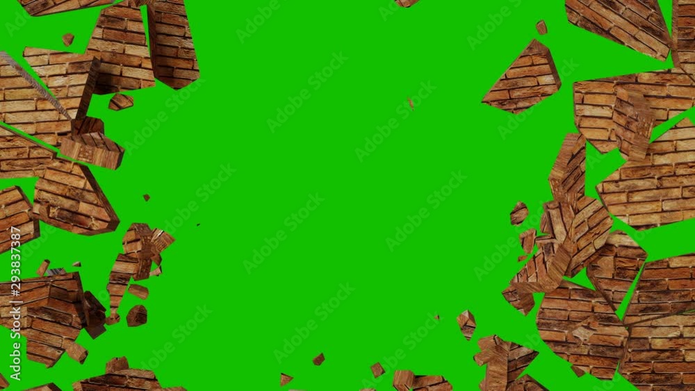 The brick wall shatters into small pieces. Slow motion effect ...