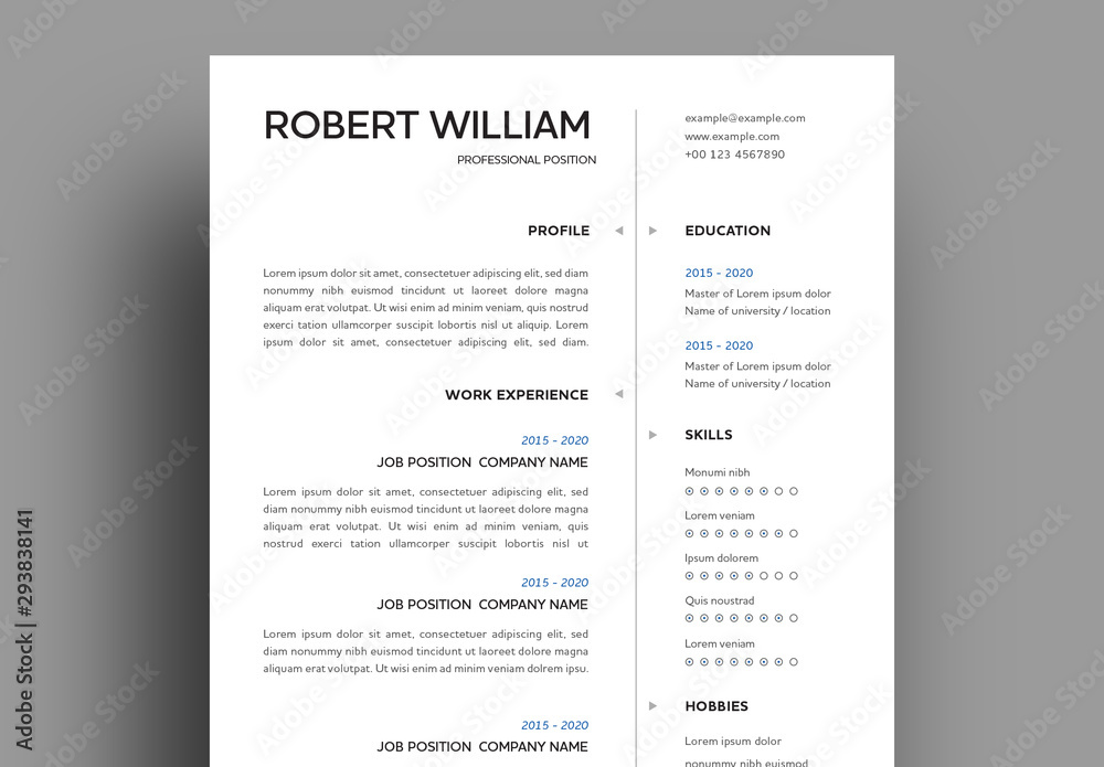 Clean Resume Layout with 2 Columns Stock Template | Adobe Stock