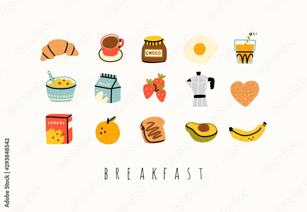 Healthy breakfast. Various tasty food and drinks. Cute hand drawn icons ...