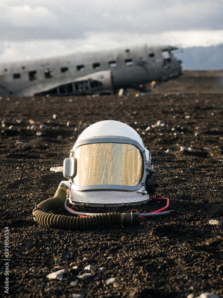 Aviation helmet near plane crash site Stock Photo | Adobe Stock