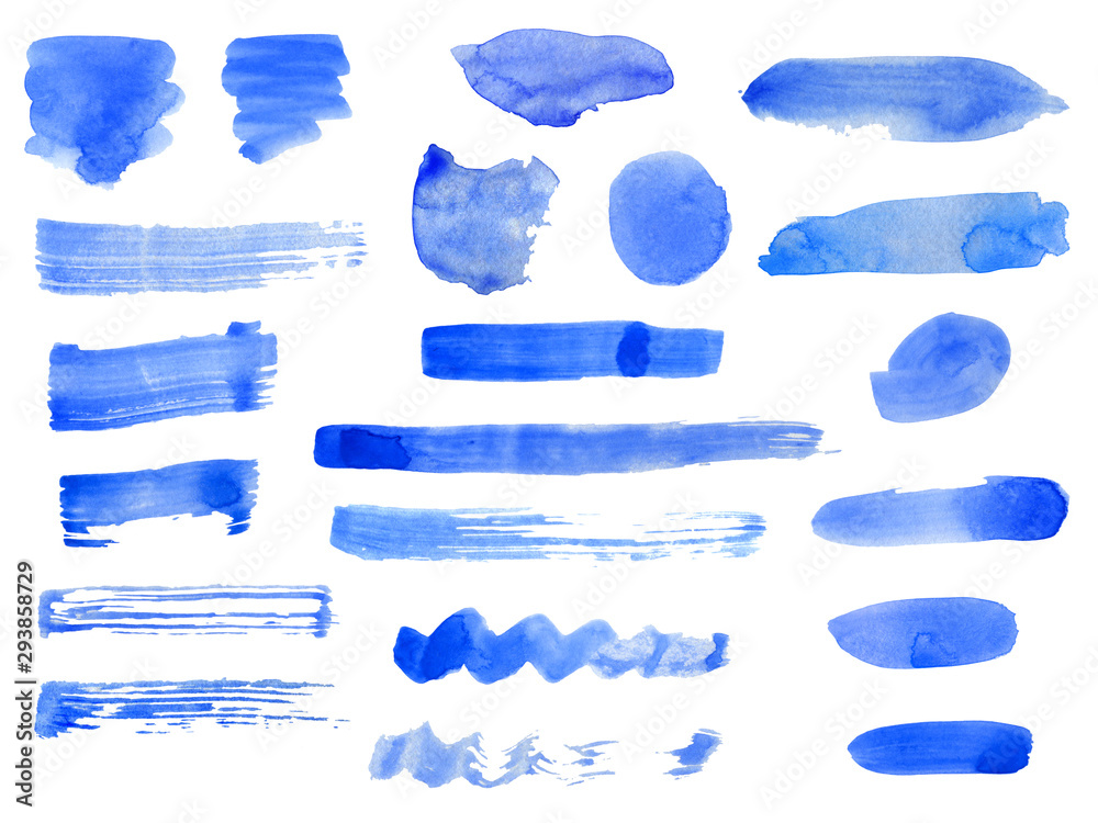 Watercolor blue brush strokes and smears set. Hand drawn colorful ...