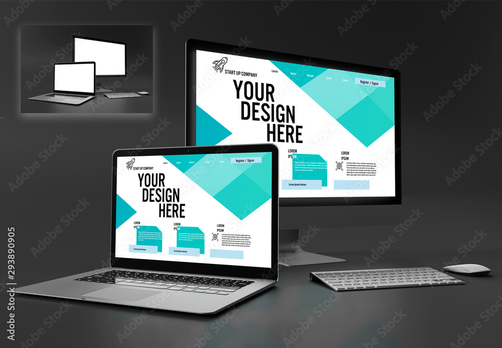 Laptop and Desktop Computer Mockup on Dark Background Stock Template ...