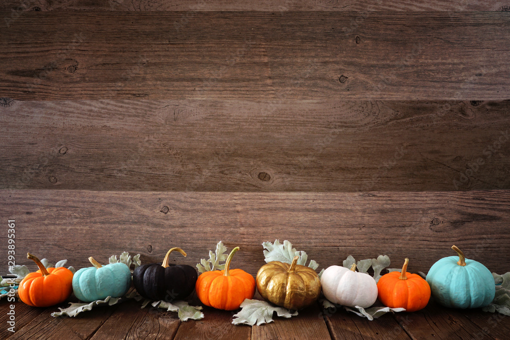 Fall border of colorful pumpkins and silver leaves against a rustic ...