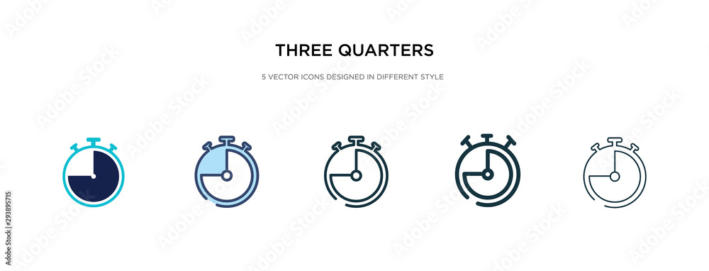 three quarters icon in different style vector illustration. two colored ...