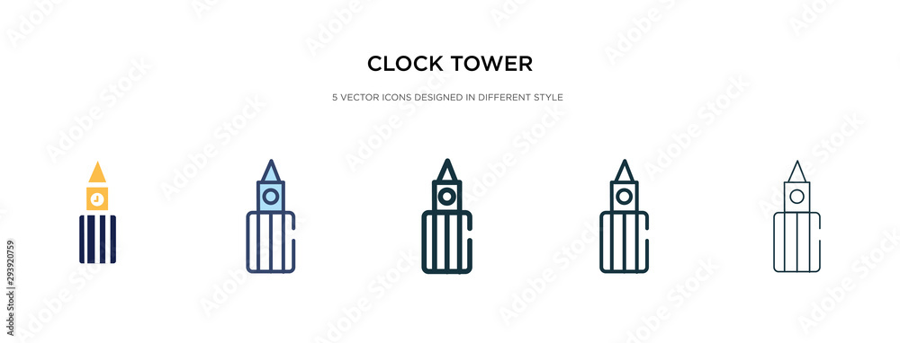 clock tower icon in different style vector illustration. two colored ...