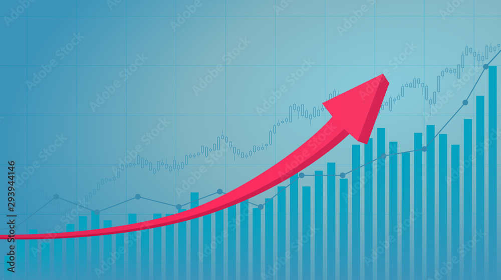 Abstract financial graph with uptrend line and red 3d arrows in stock ...