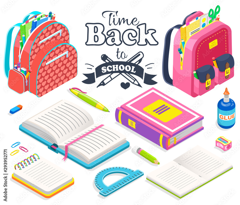 School supplies and bags vector, satchels equipped with books and ...