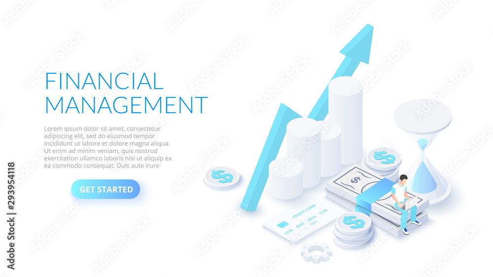 Financial management design concept with sitting man, money and ...