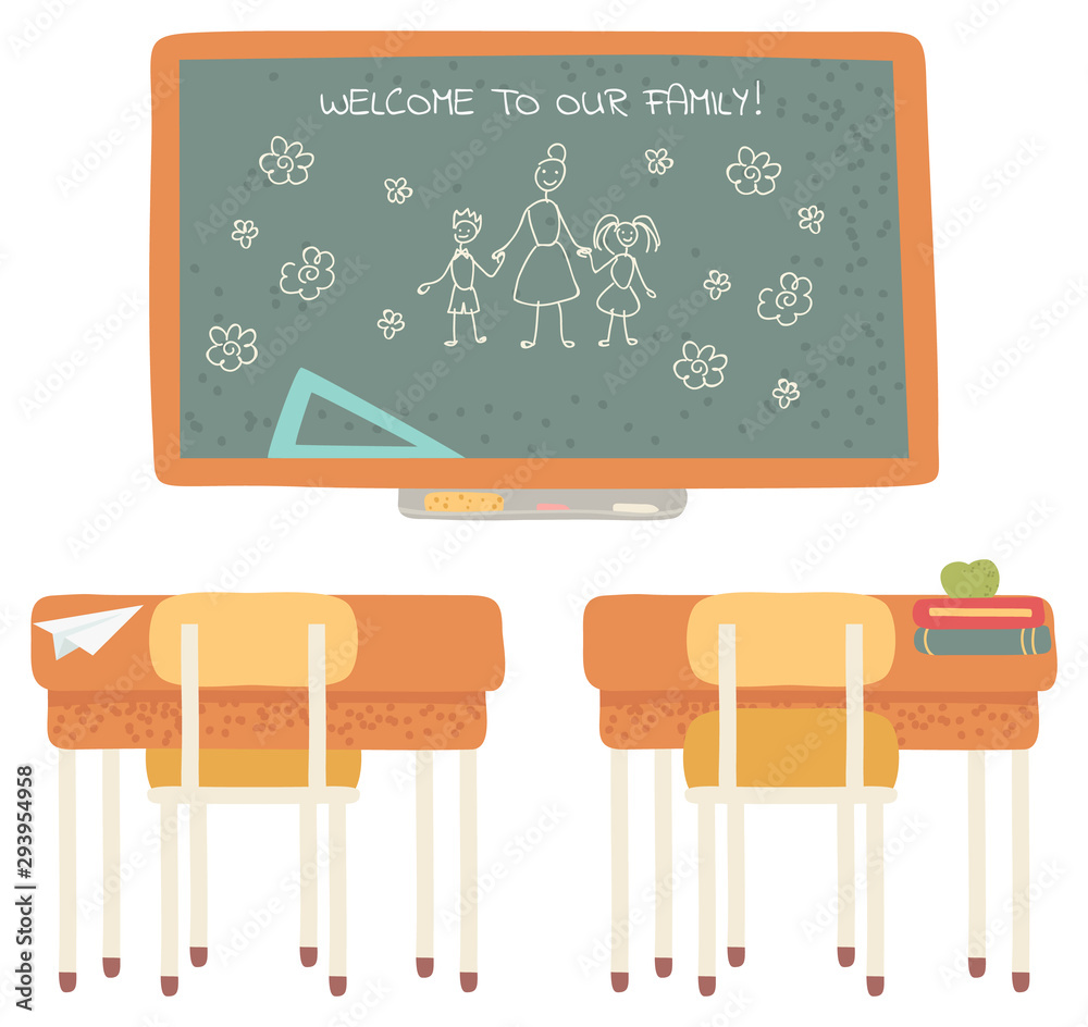 Blackboard with drawing vector, classroom interior, wooden desks with ...
