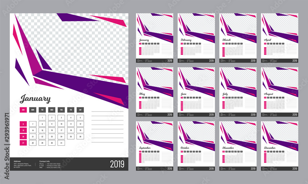 Set of 12 months, yearly calendar design for 2019 with space for your ...