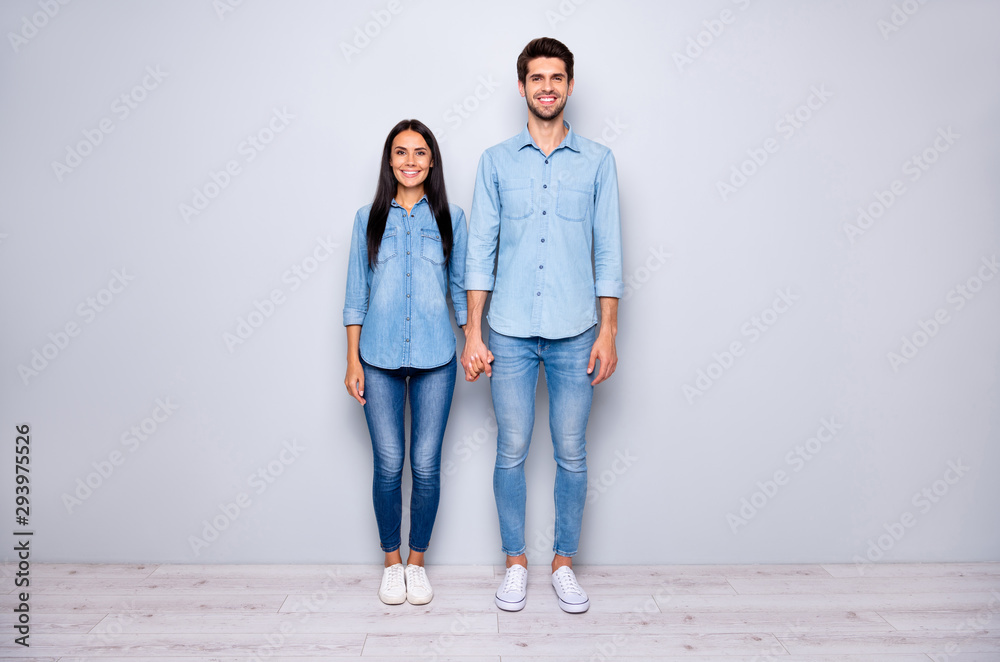 Full body photo of amazing pair in love came to work place together ...