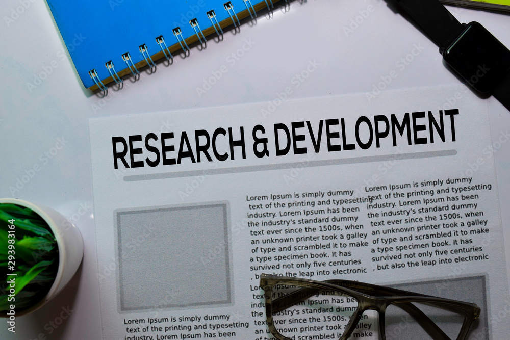 Research and Development text in headline isolated on white background ...