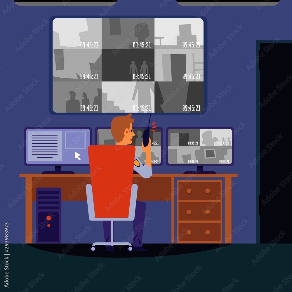 Security room interior - cartoon guard man sitting behind computer desk ...