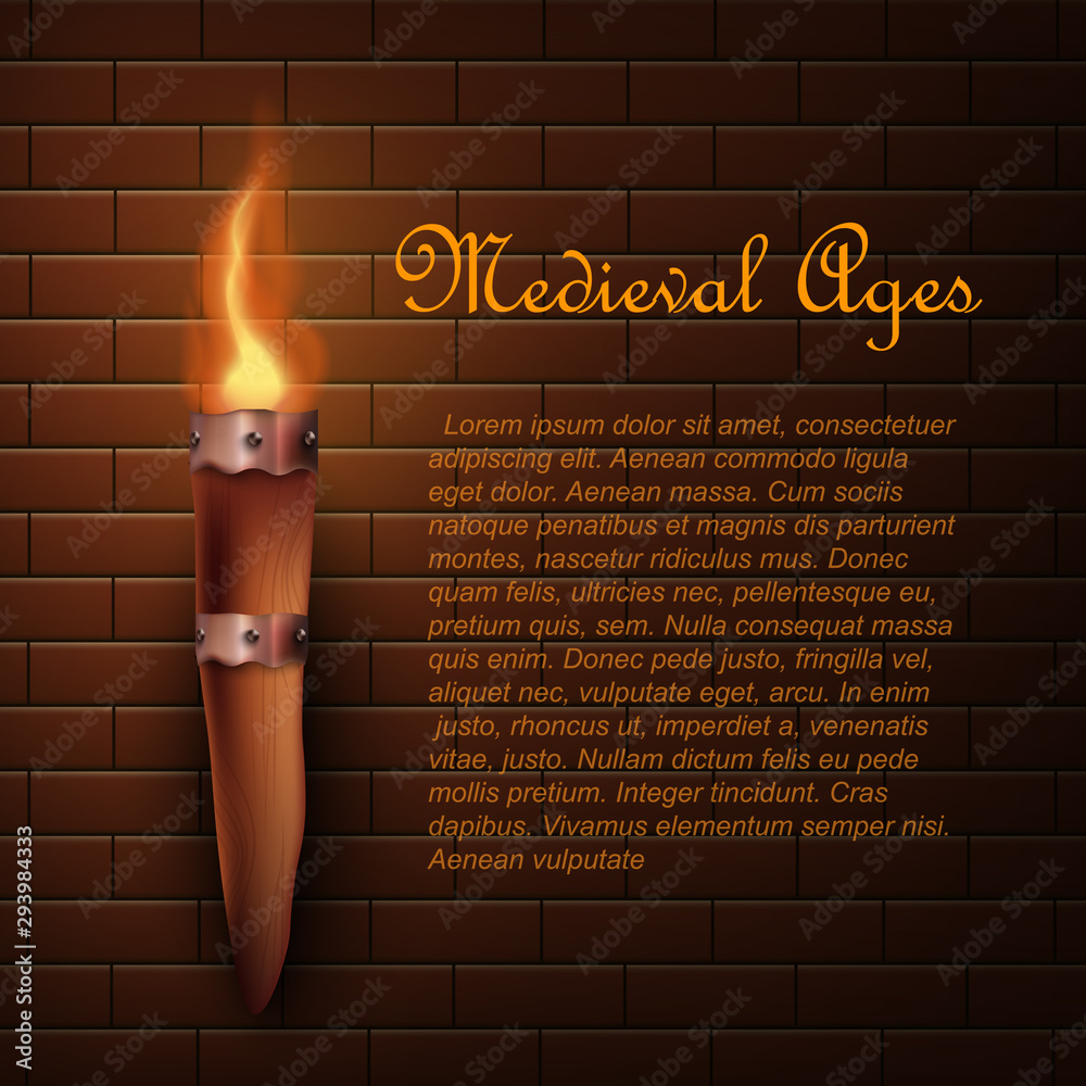 Medieval ages wooden torch with realistic fire hanging on brick wall ...