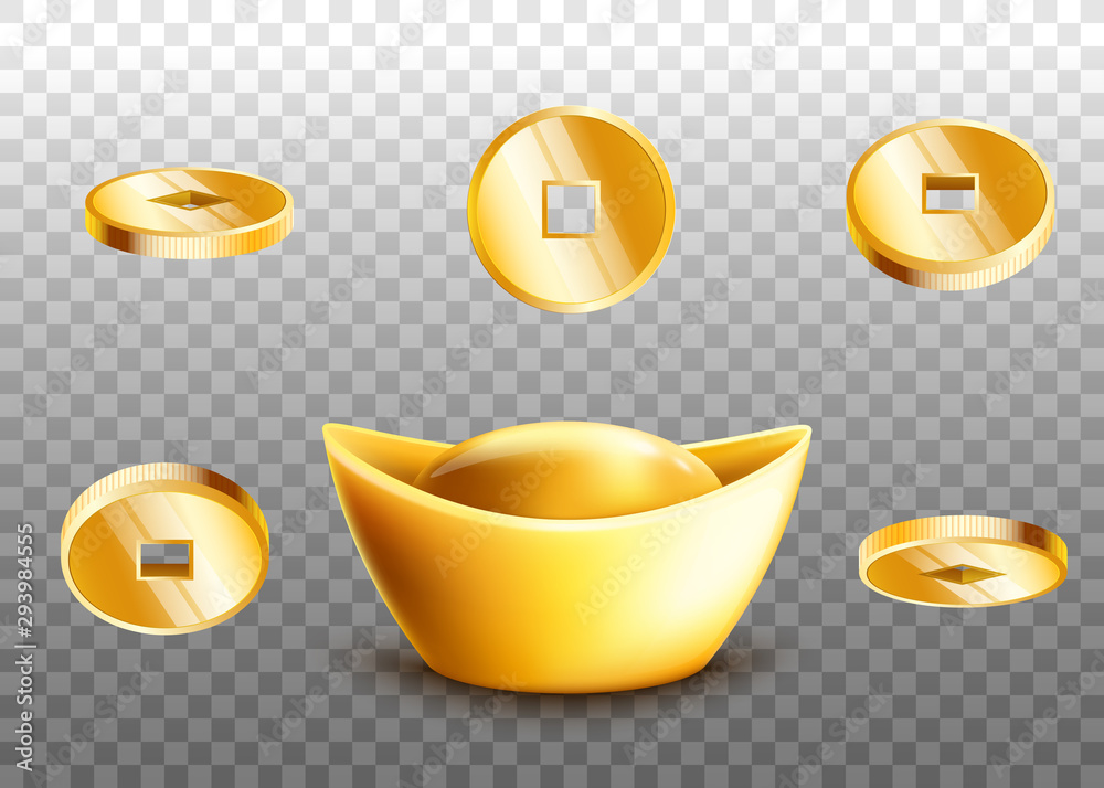 Chinese golden ingot and gold coins set isolated on transparent ...