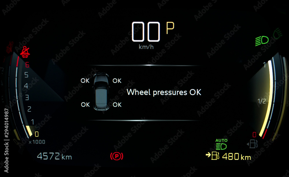 TPMS (Tyre Pressure Monitoring System) monitoring display on car ...