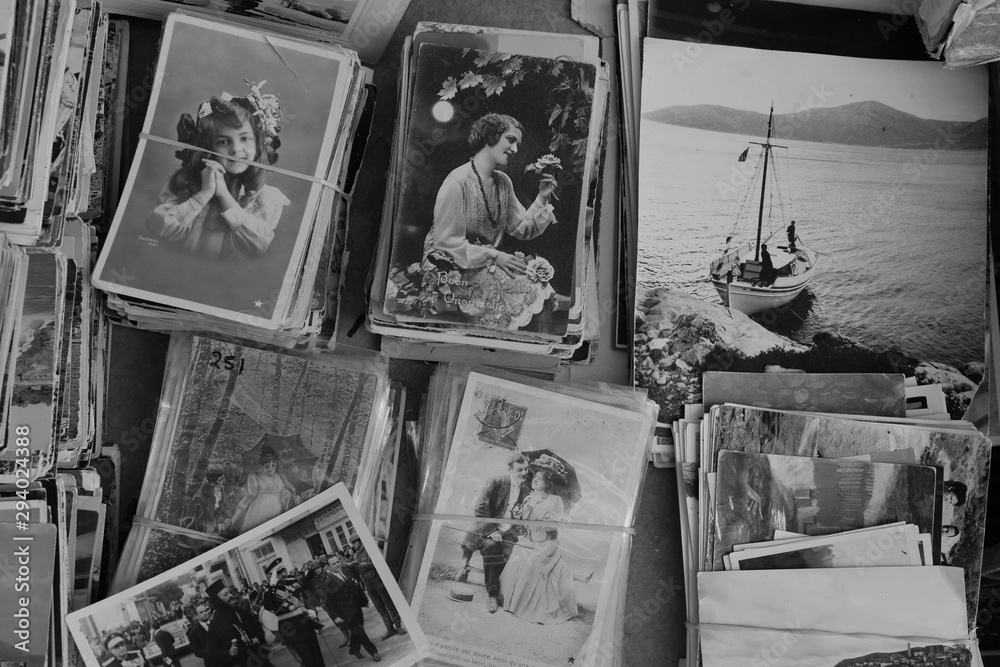 collection of vintage postcards and old photographs Stock Photo | Adobe ...
