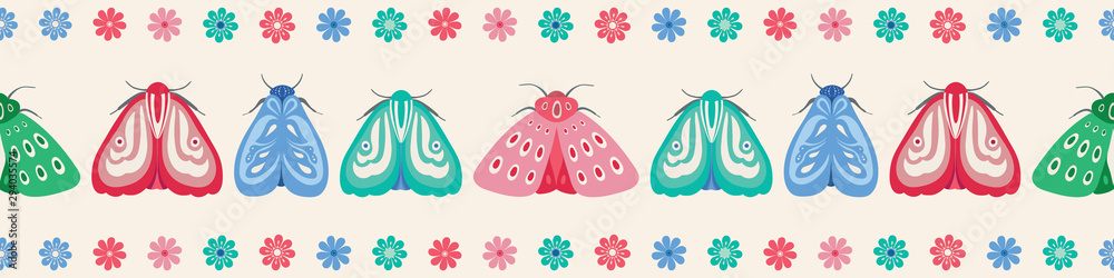 Vector seamless border pattern of moths and flowers. A colourful insect ...