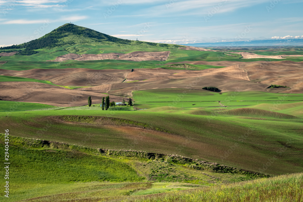 Farms dot the rolling hills of farmland in the Palouse region of ...