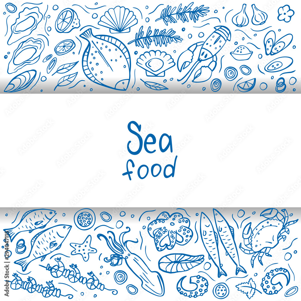 Frame from seafood doodle on white background. Vector illustration ...