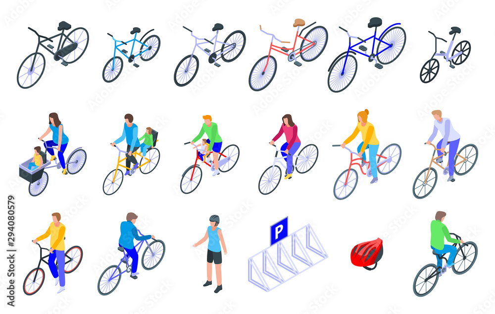 Bike family icons set. Isometric set of bike family vector icons for ...
