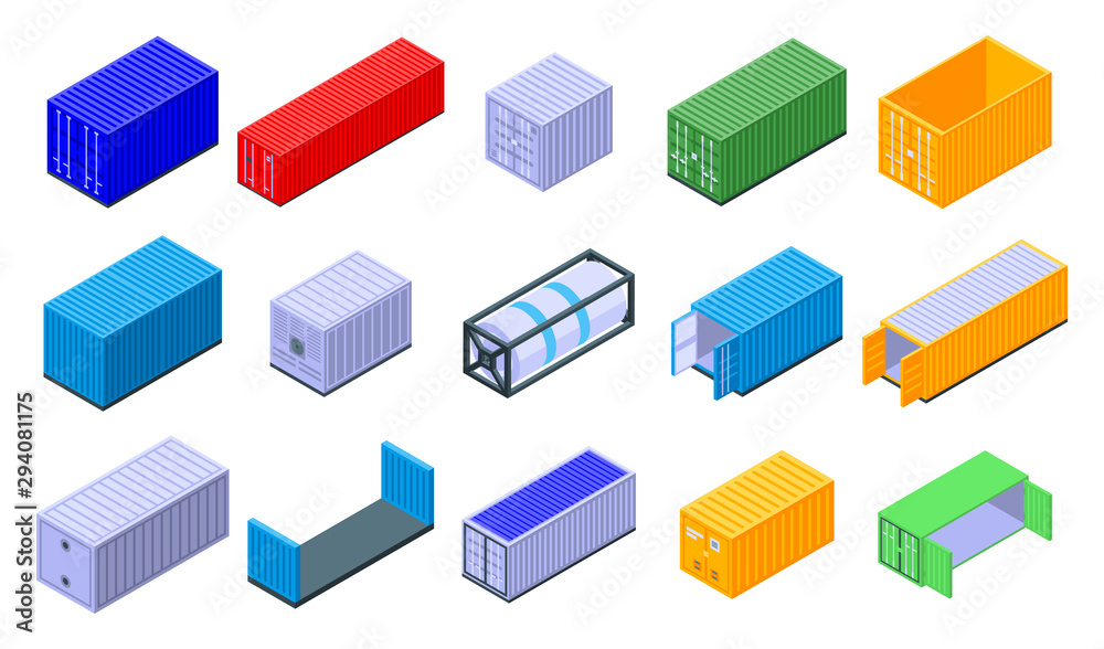 Cargo container icons set. Isometric set of cargo container vector ...