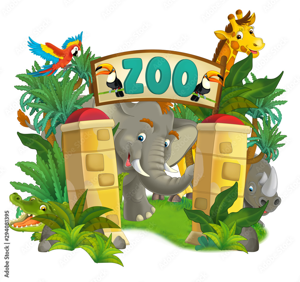 Cartoon zoo scene near the entrance with different animals - amusement ...